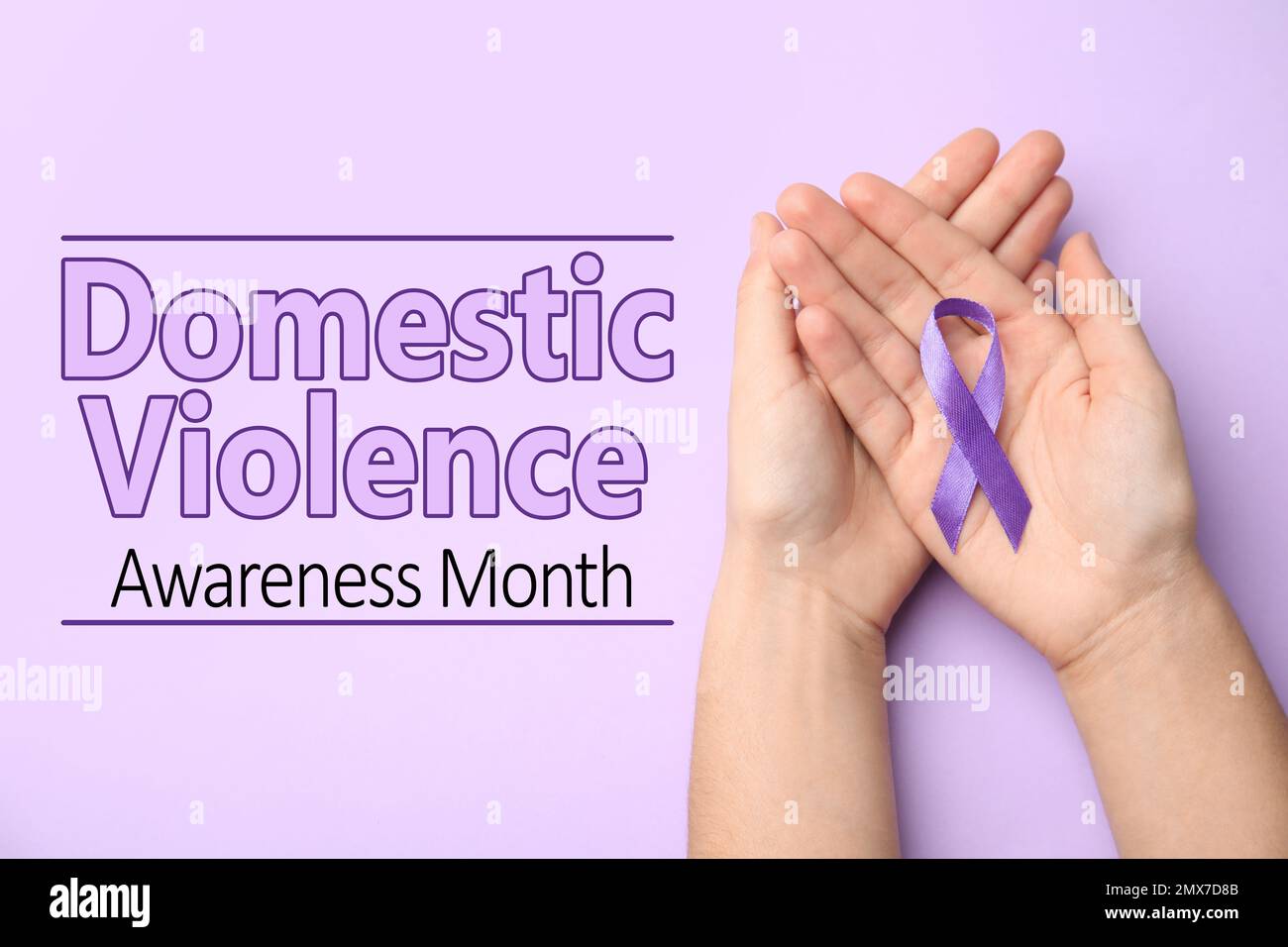 Woman holding purple ribbon on lilac background, top view. Symbol of ...