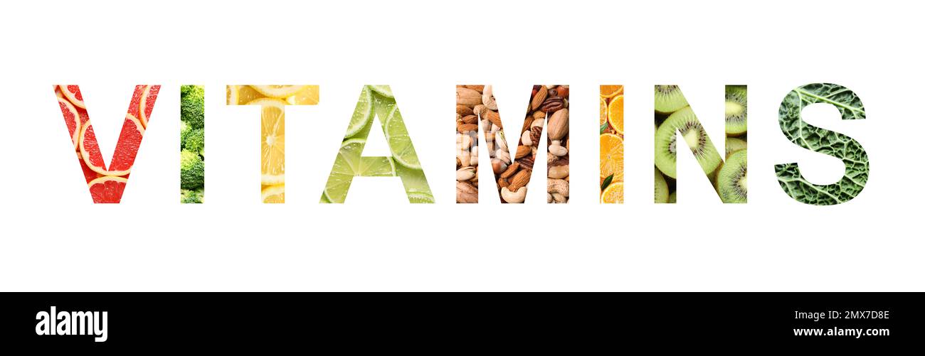 Word VITAMINS made of different products on white background. Banner ...