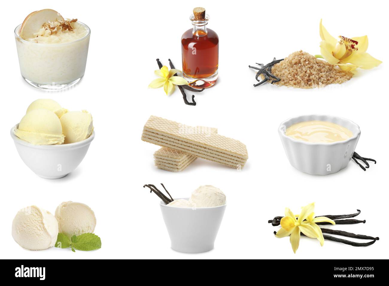 Set of different vanilla products on white background Stock Photo - Alamy