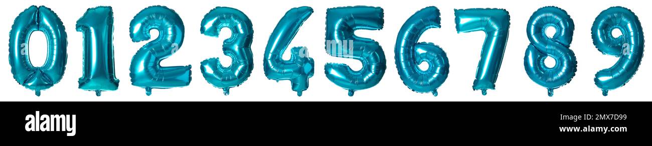 Set with blue foil balloons in shape of numbers on white background ...