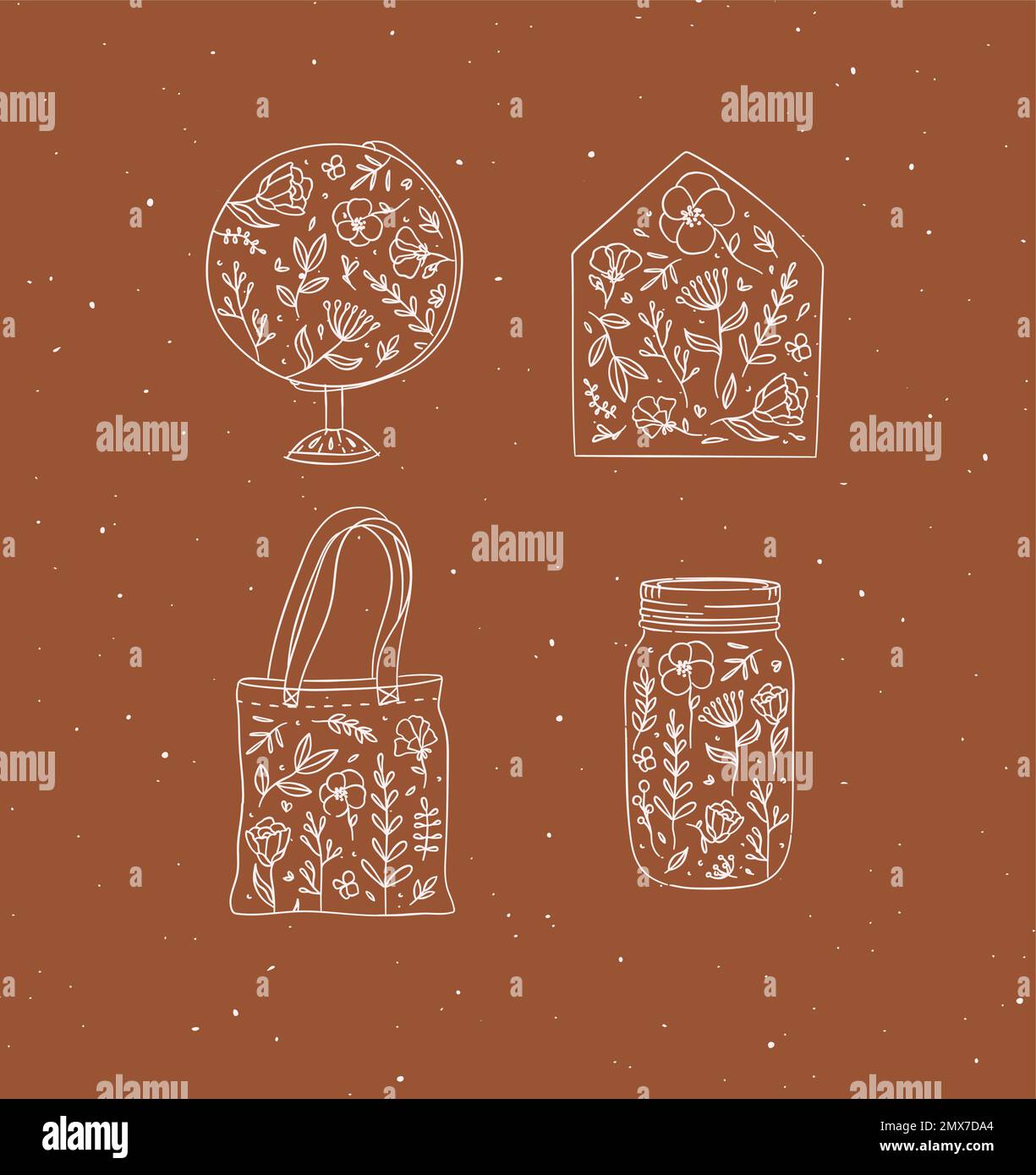 Icons globe, envelope, hand bag, jar of jam with flowers drawing on ...