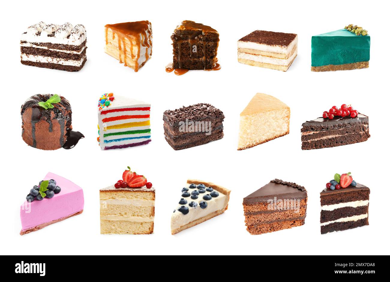 Set with different cake pieces isolated on white Stock Photo - Alamy