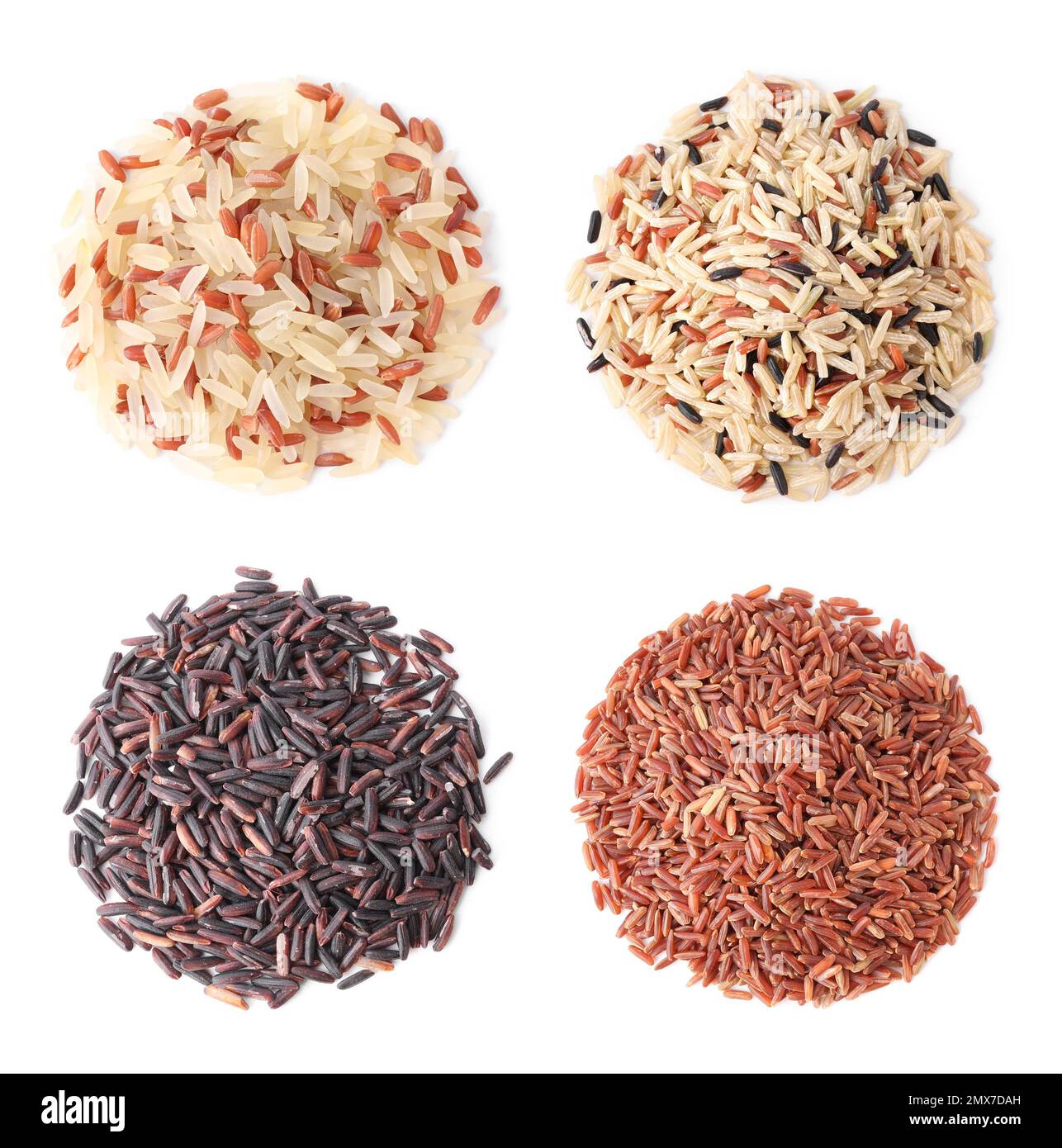 Set with different types of rice on white background, top view Stock ...