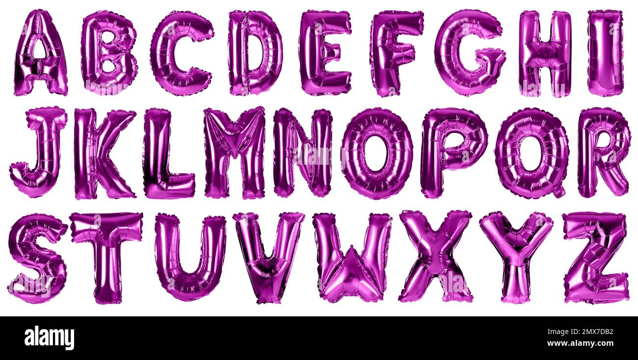 Set with purple foil balloons in shape of letters on white background ...