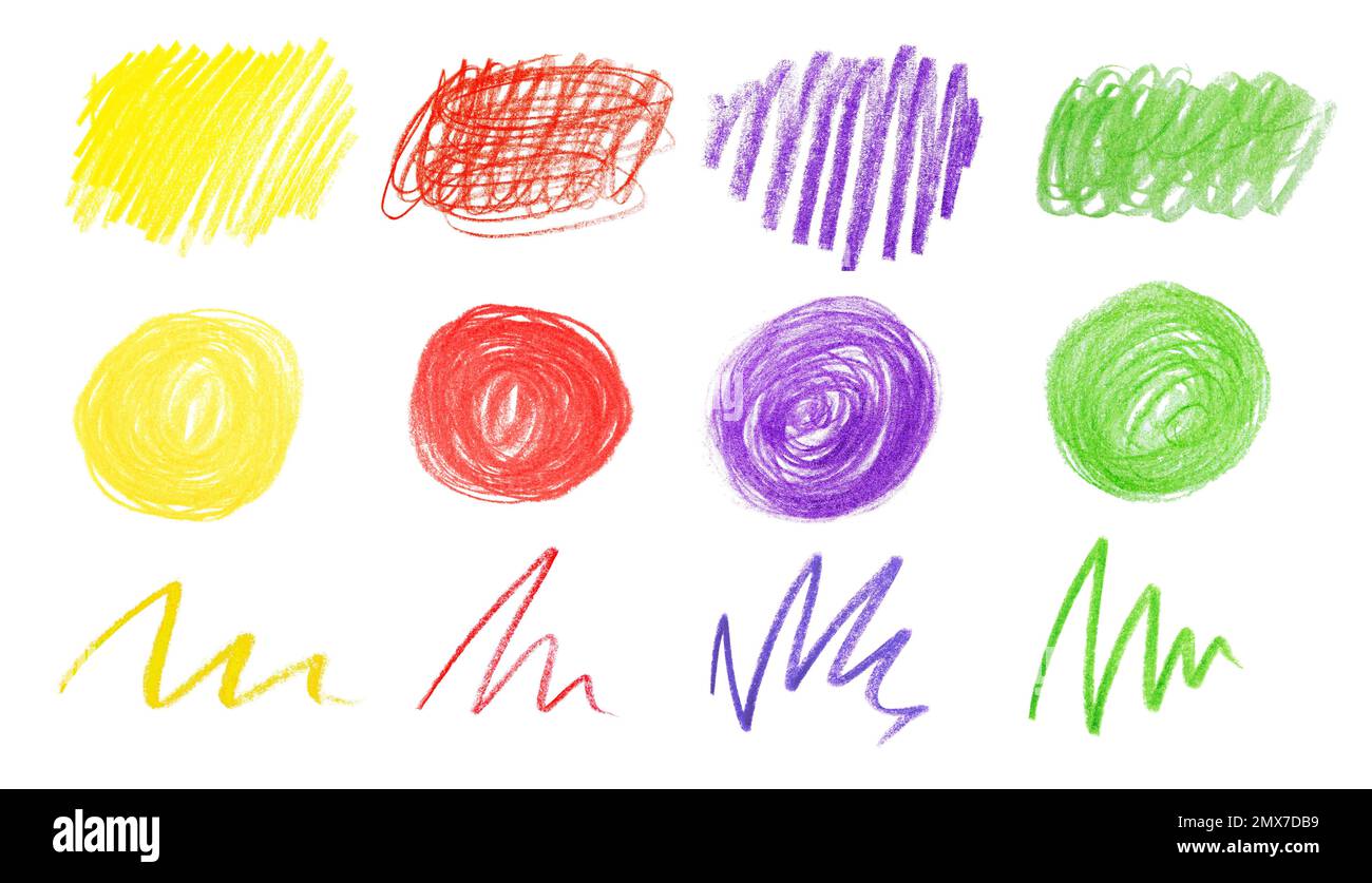 Collage of color drawn pencil scribbles on white background Stock Photo ...