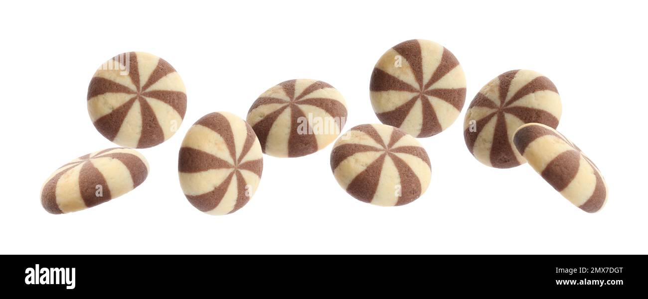 Set of falling delicious striped cookies on white background. Banner ...