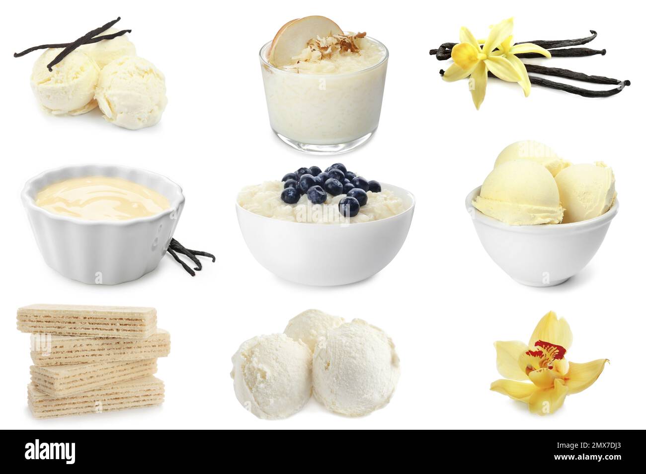 Set of different vanilla products on white background Stock Photo - Alamy