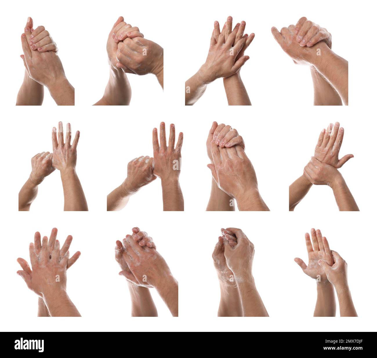 Collage of people washing hands with soap on white background, closeup ...