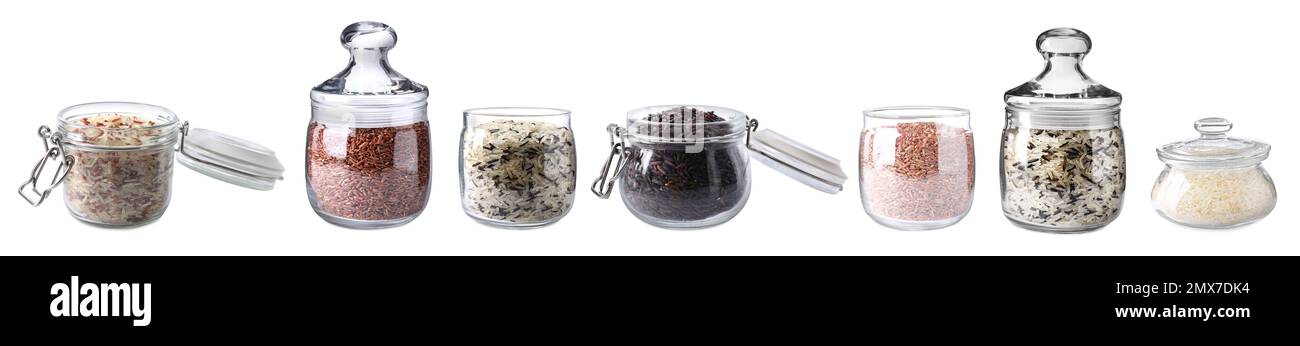 Set with different types of rice in jars on white background. Banner ...