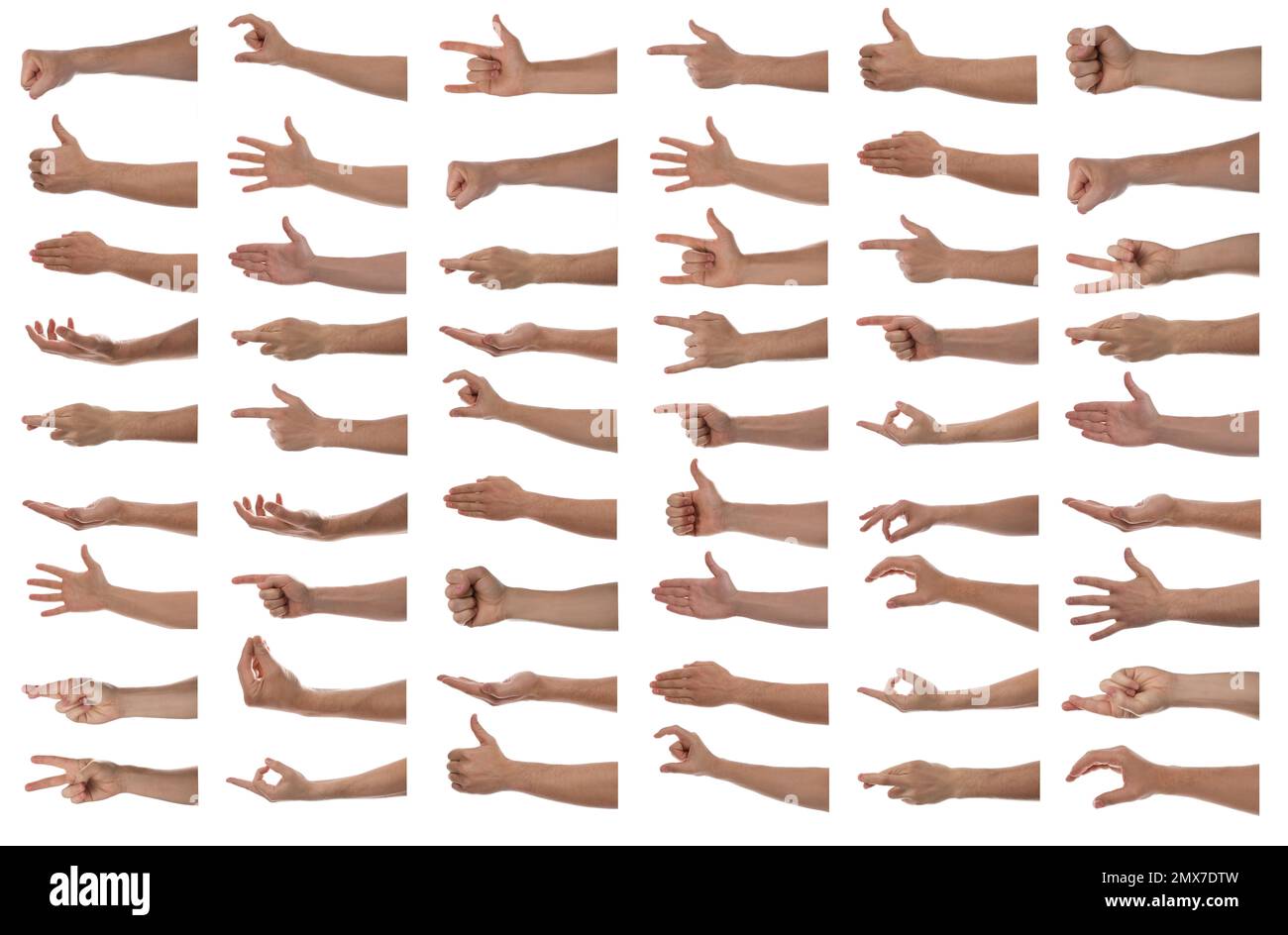 Collage with man showing different gestures on white background ...