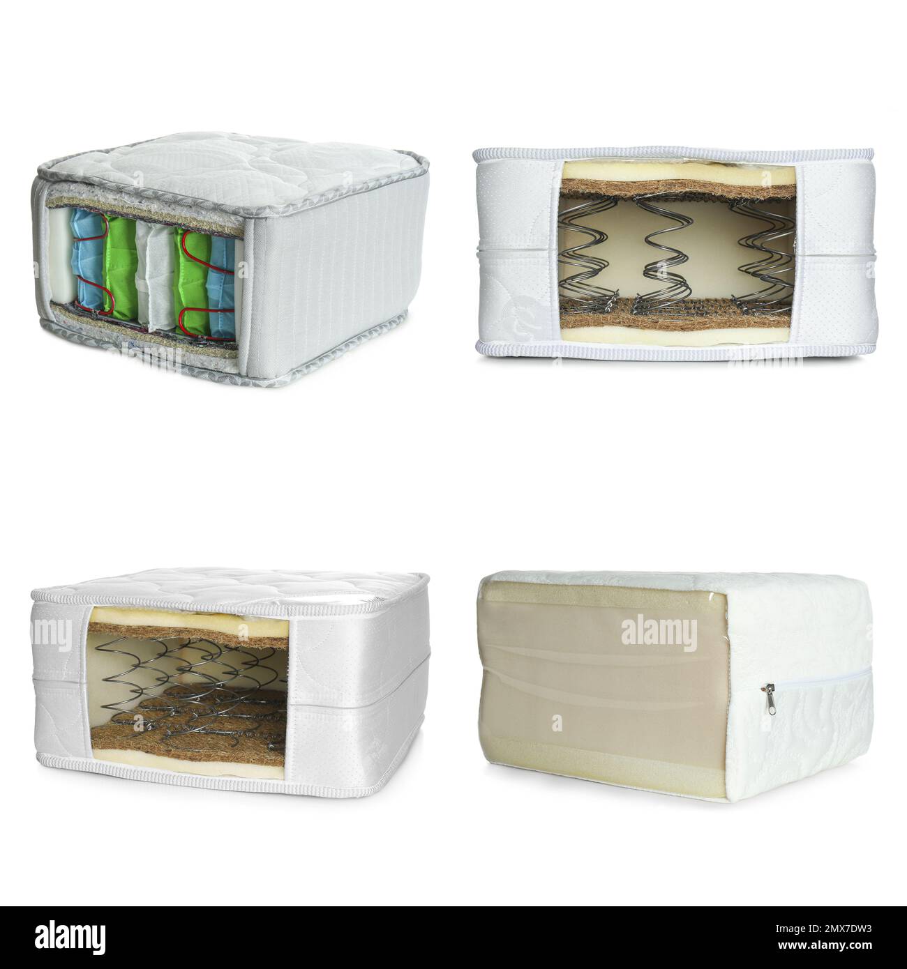 Collage with samples of orthopedic mattress on white background Stock ...