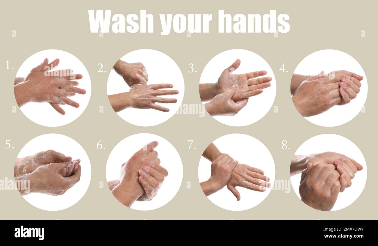 Steps of washing hands effectively. Collage with man on beige ...