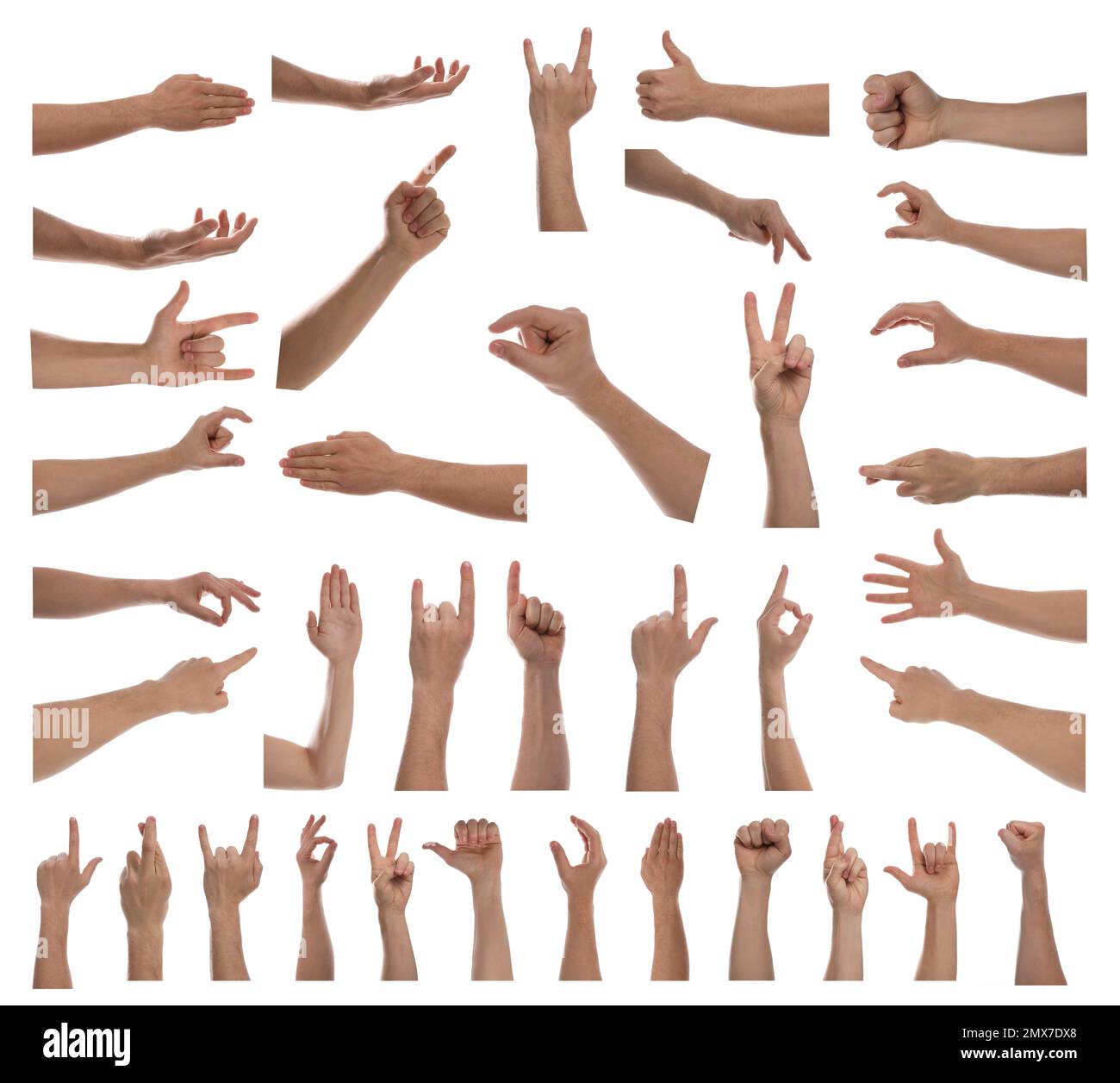 Collage with man showing different gestures on white background ...