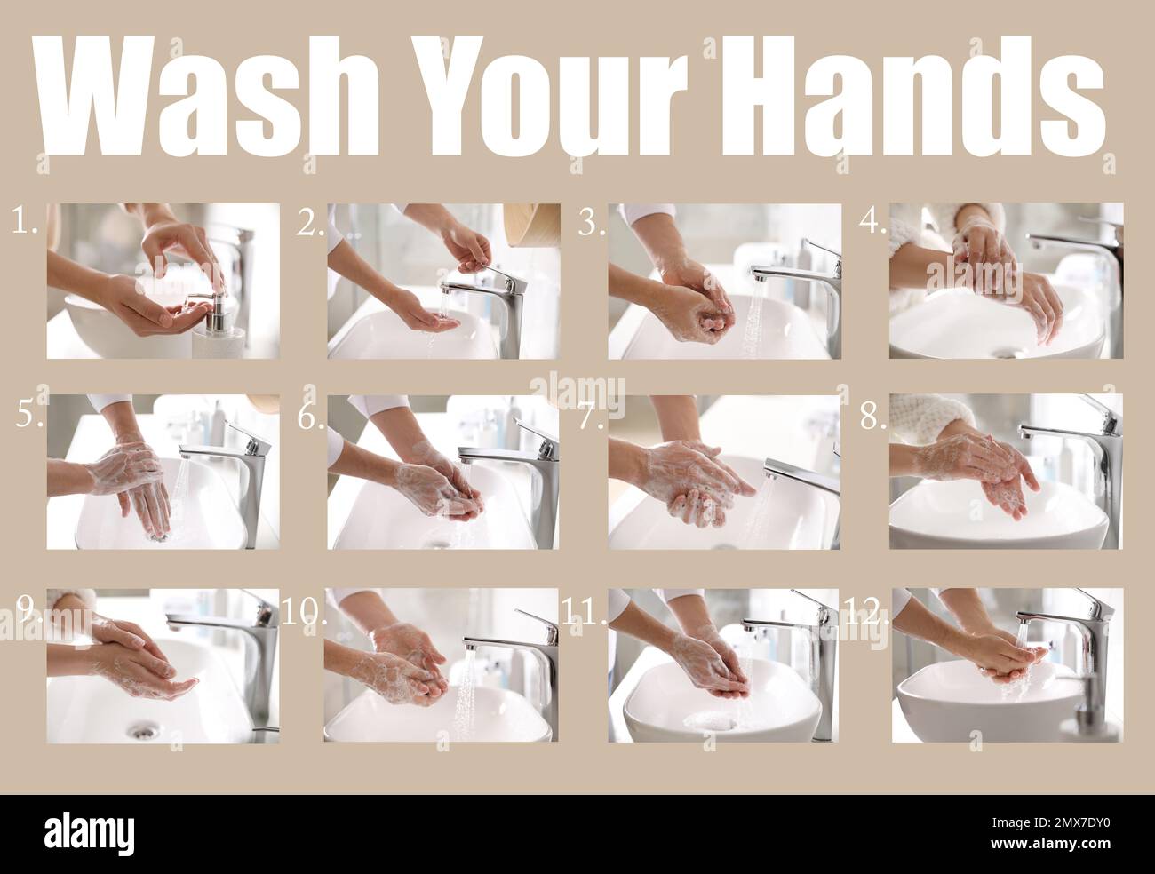 Steps of washing hands effectively. Collage with person over sink in ...