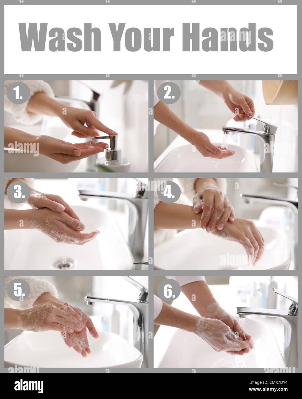 Steps of washing hands effectively. Collage with person over sink in ...