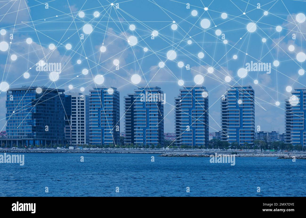 Beautiful cityscape and network connection lines. Cloud technology ...