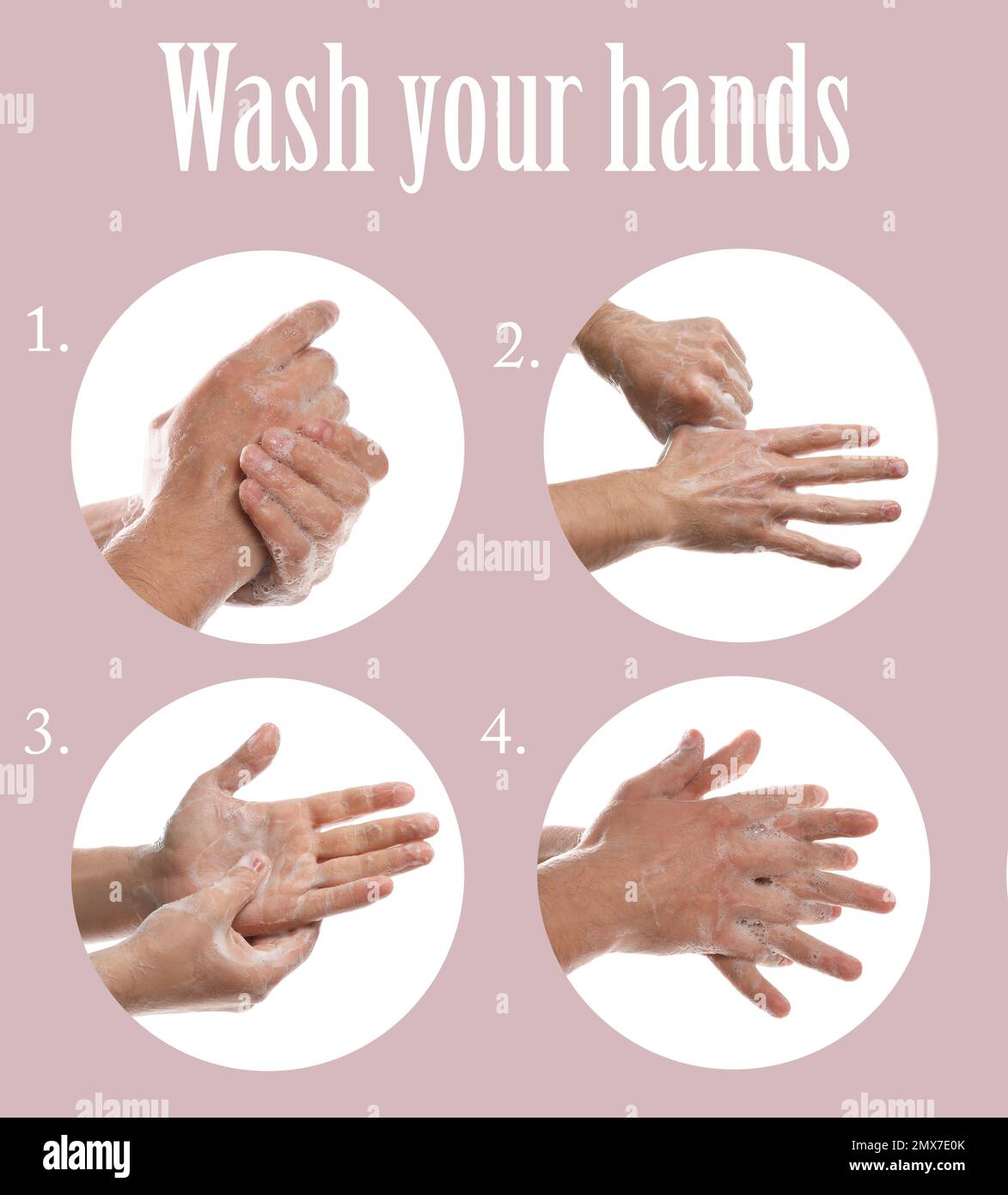 Steps of washing hands effectively. Collage with man on pink background ...