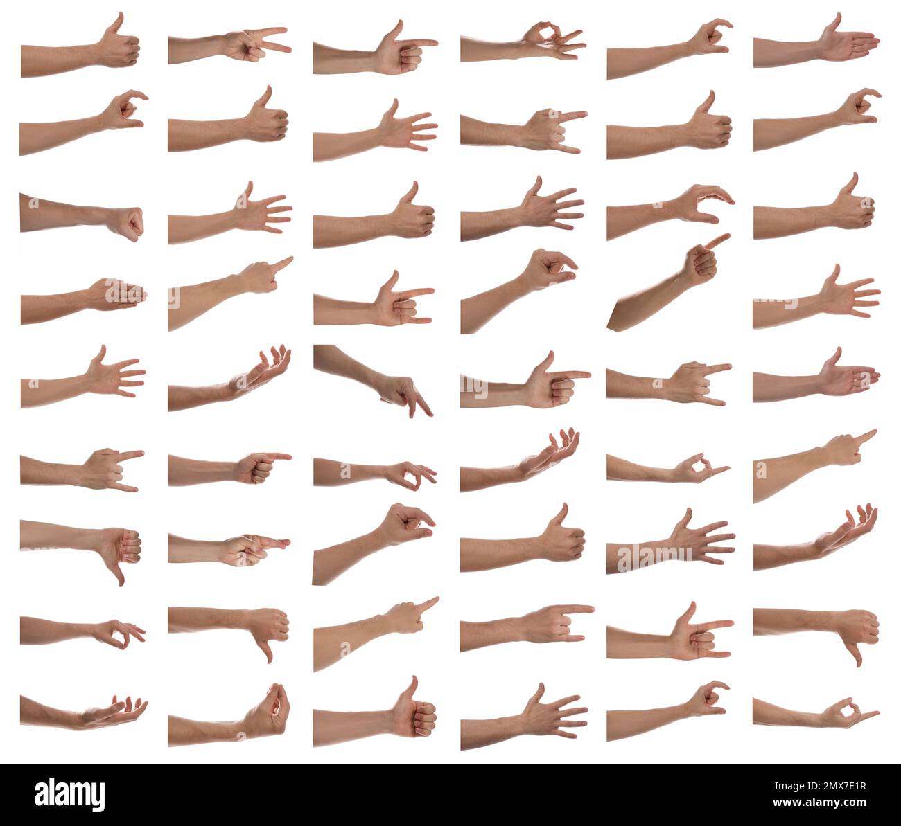 Collage with man showing different gestures on white background ...
