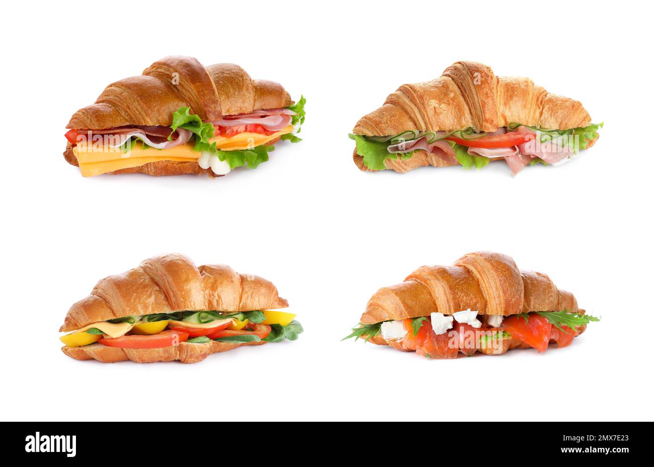 Set of different tasty croissant sandwiches on white background Stock ...