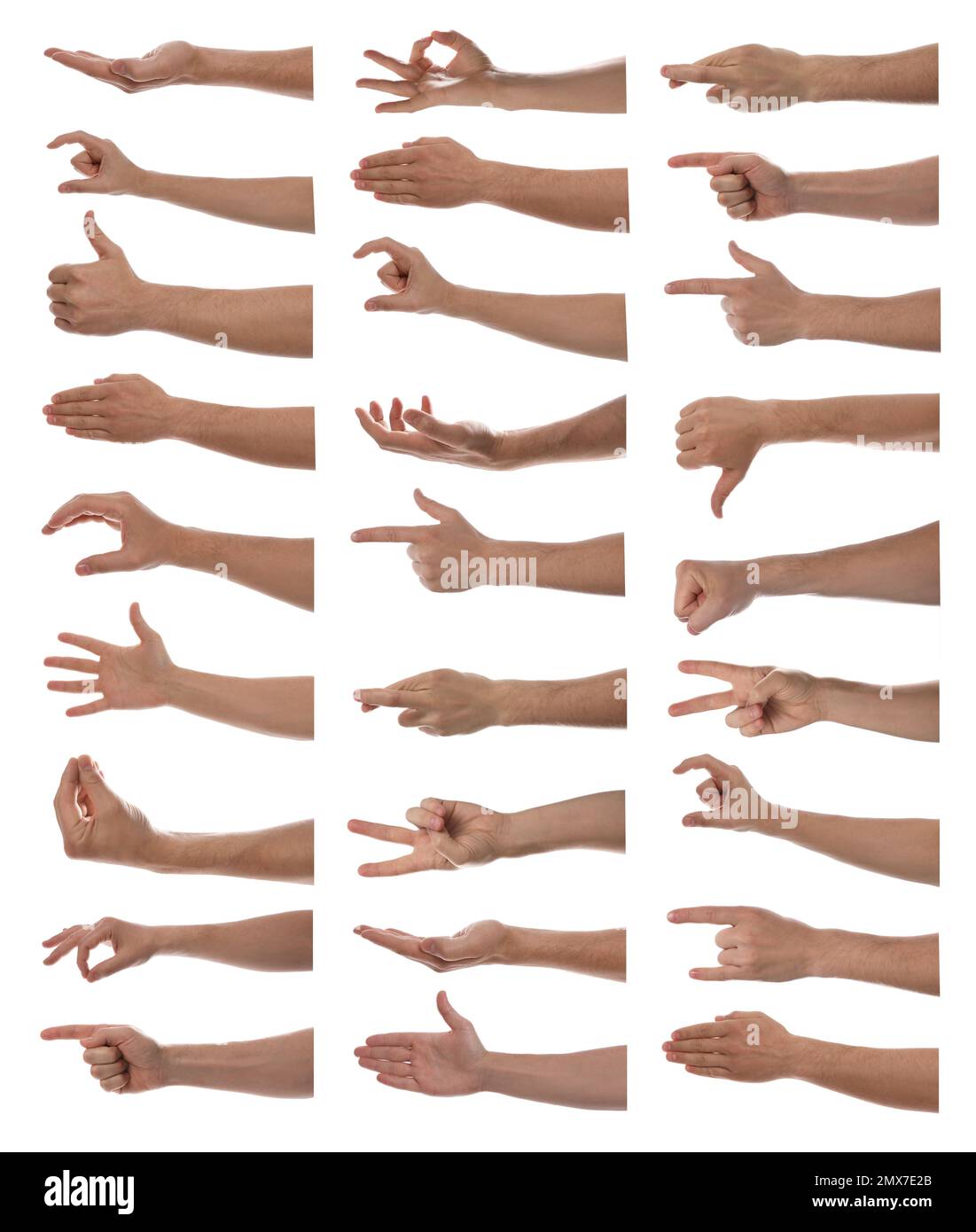 Collage with man showing different gestures on white background ...