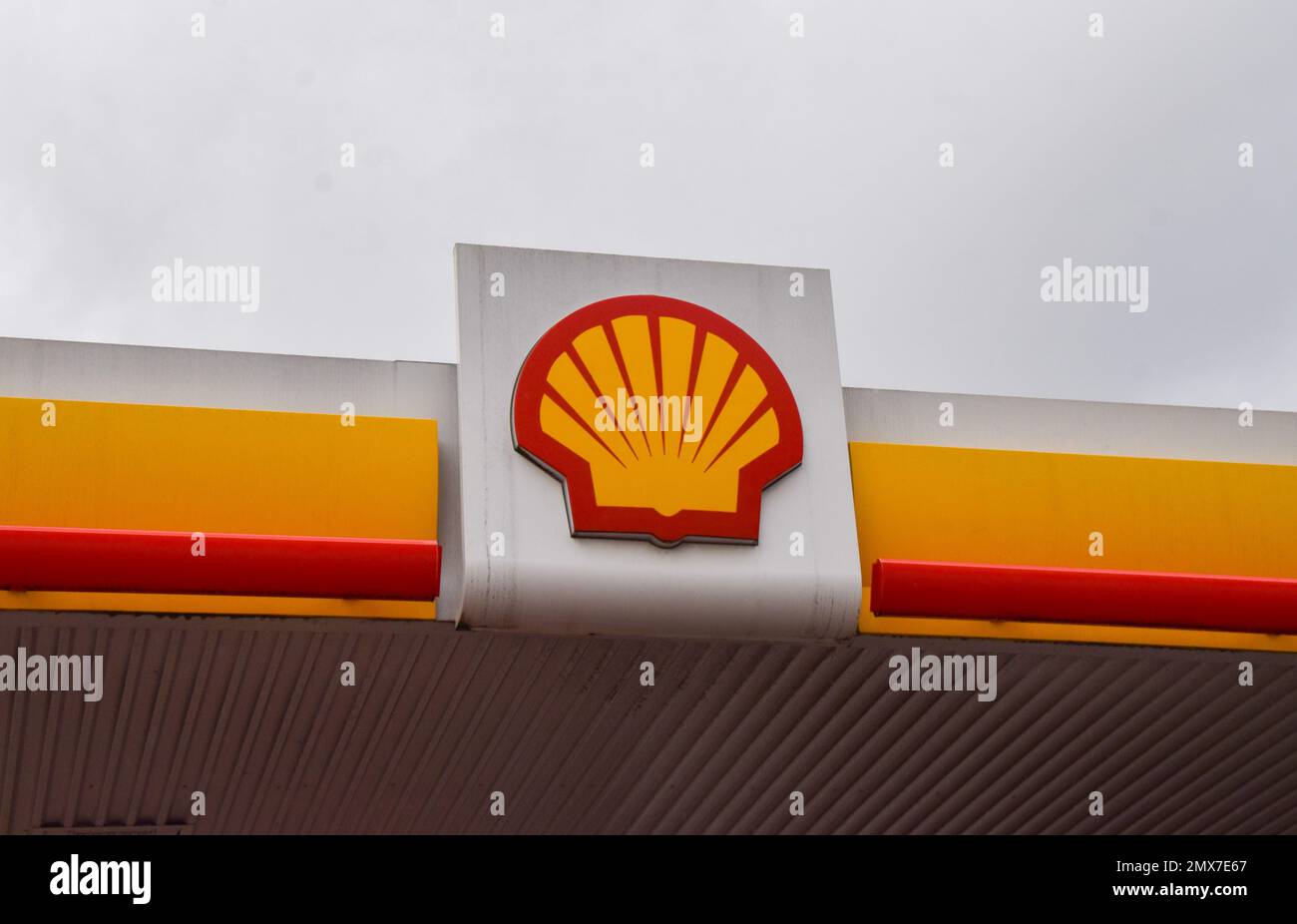 General view of the Shell logo at a petrol station in central London ...