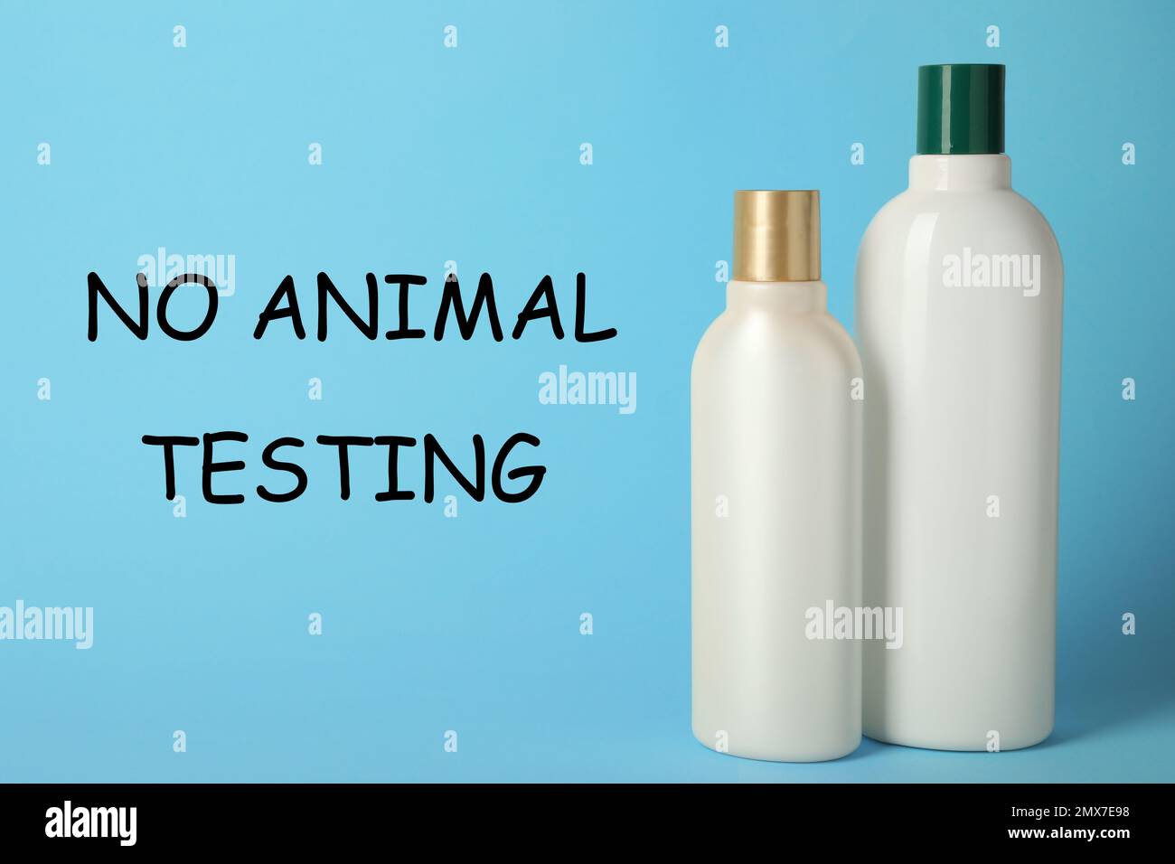 Bottles of cosmetic products and text NO ANIMAL TESTING on light blue ...