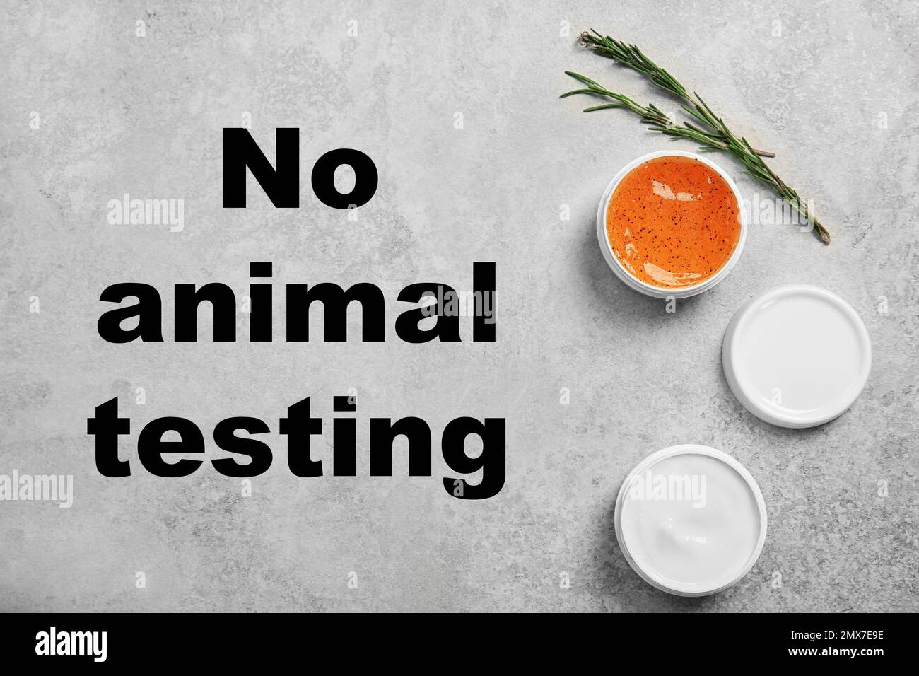 Cosmetic products and text NO ANIMAL TESTING on light background, flat ...