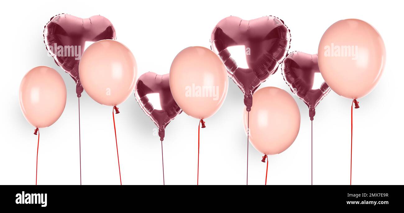 Set of different pink balloons on white background. Banner design Stock ...