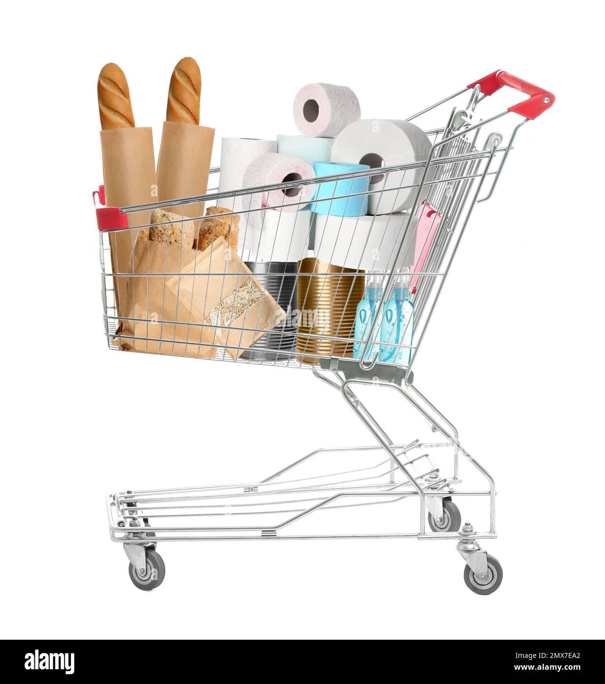 Shopping cart with different products and toilet paper isolated on ...