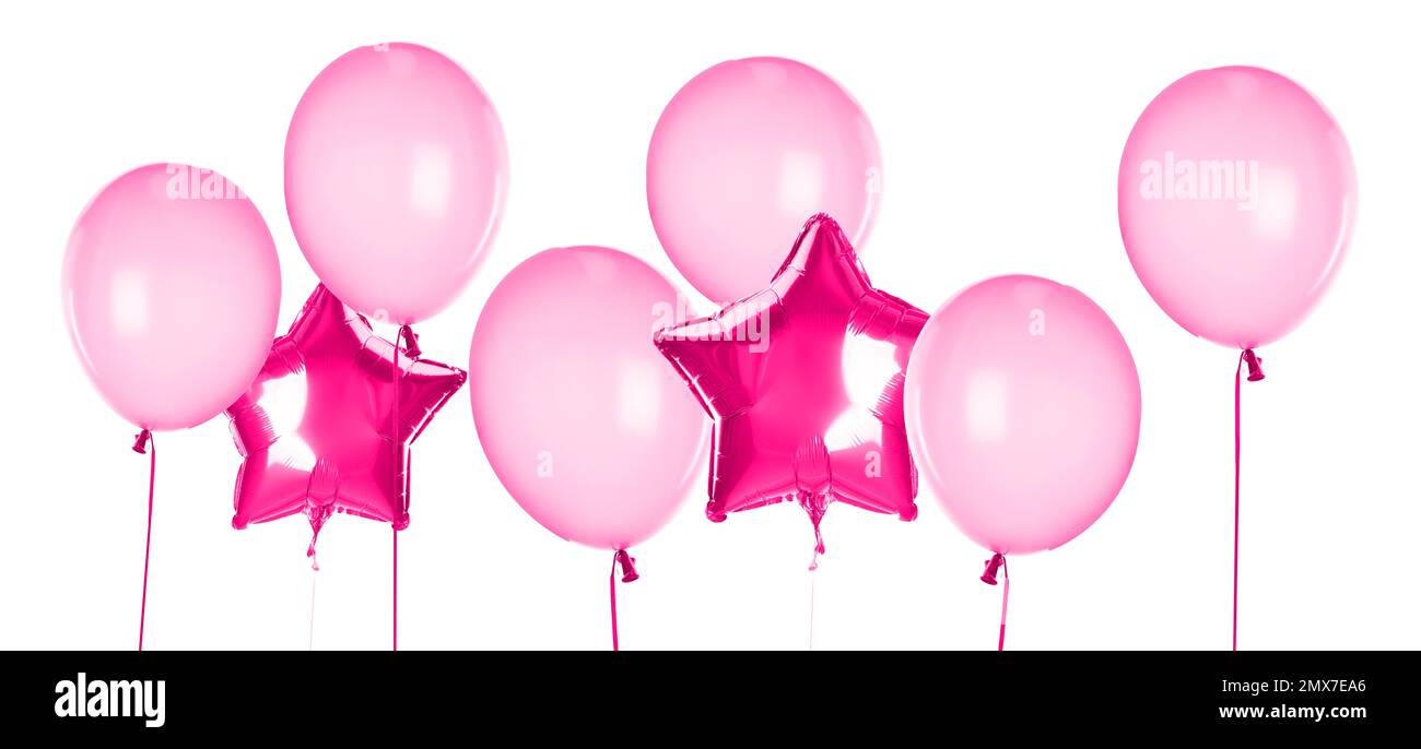 Set of different pink balloons on white background. Banner design Stock ...