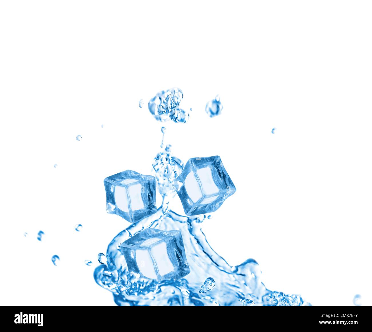 Crystal clear ice cubes and splashing water on white background Stock Photo - Alamy