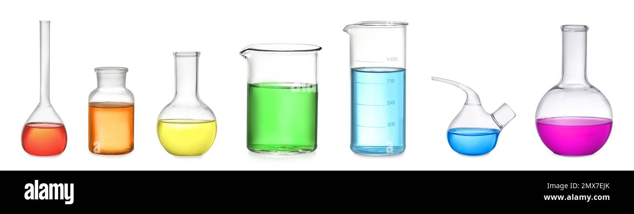 Set of laboratory glassware with colorful liquids on white background ...