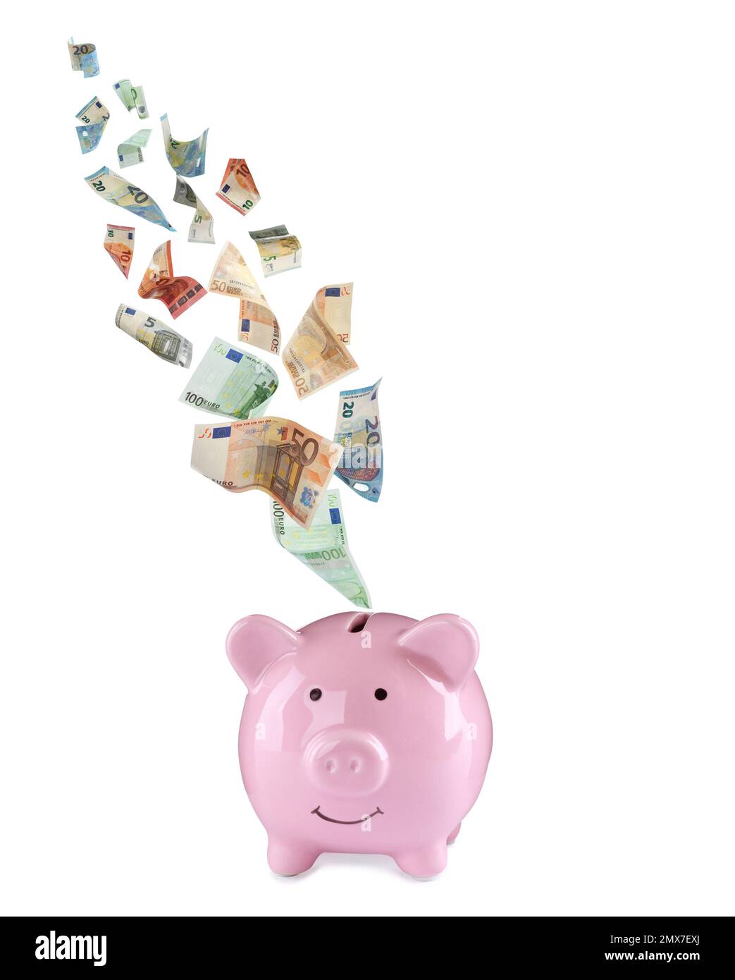 Euro banknotes falling into pink piggy bank on white background Stock ...