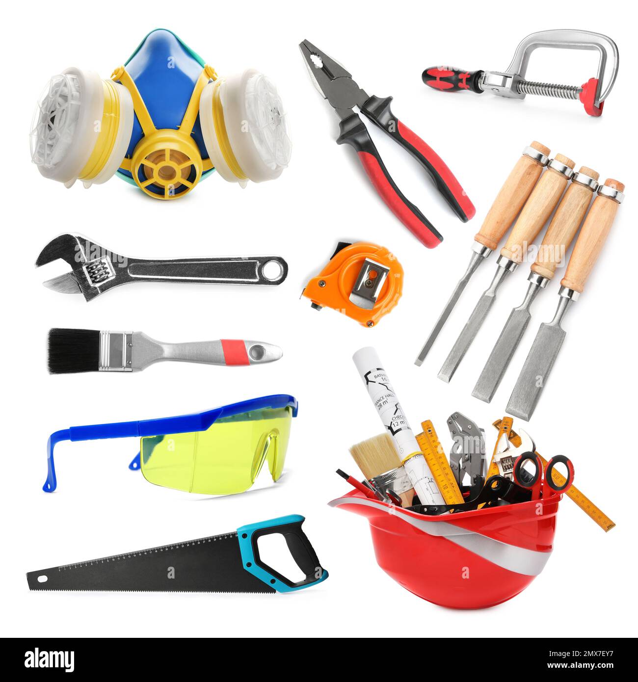 Set with different construction and carpenter tools on white background ...