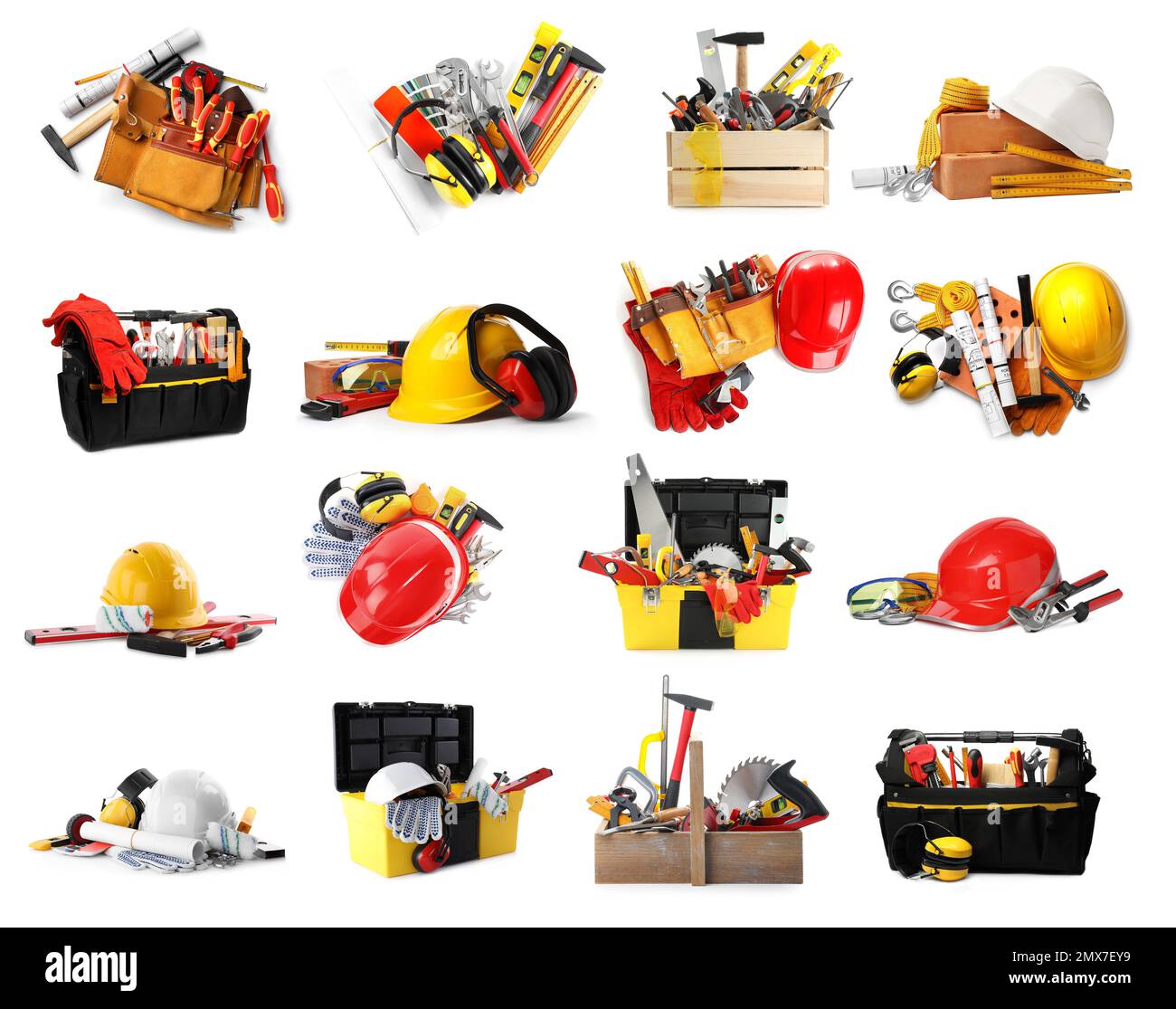 Set with different construction and carpenter tools on white background ...