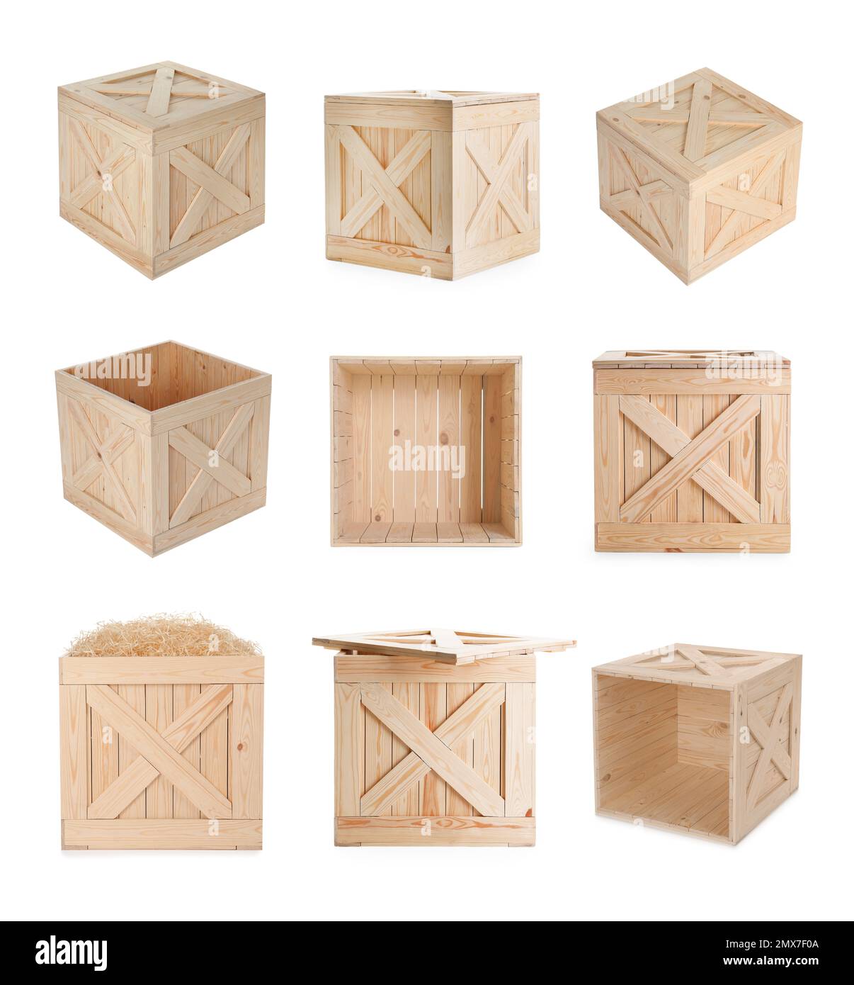 Set of new wooden crates on white background Stock Photo - Alamy
