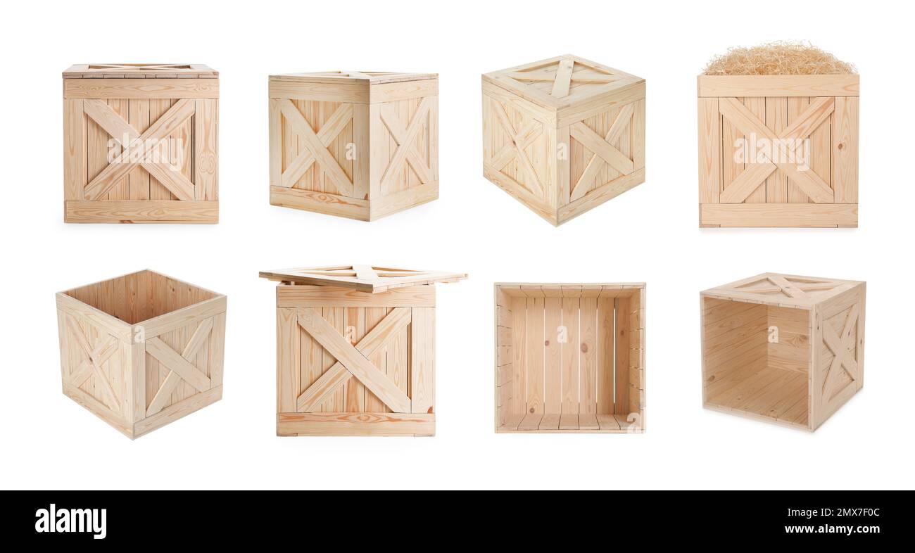 Set of new wooden crates on white background. Banner design Stock Photo ...