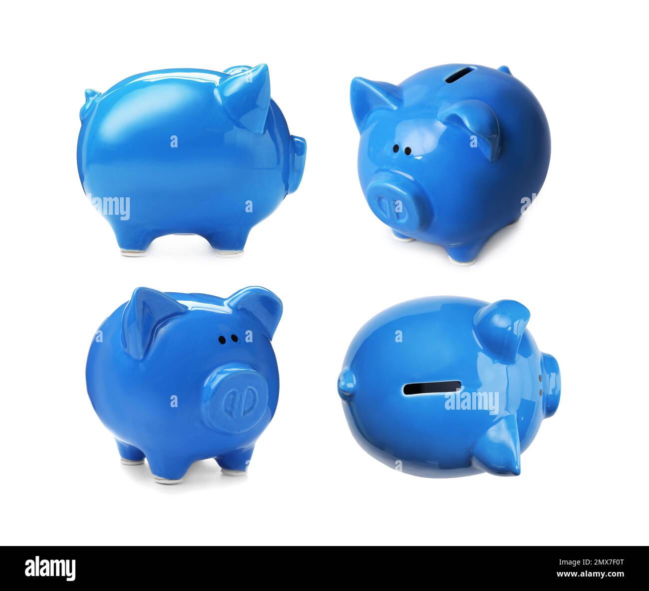 Set with blue piggy bank on white background Stock Photo - Alamy
