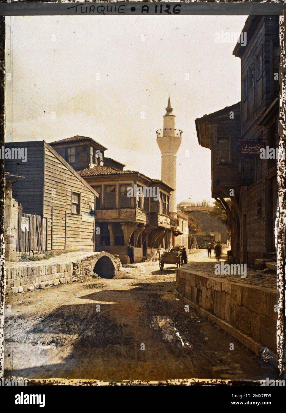 Constantinople (current Istanbul), Turkey wooden houses and cart in a ...