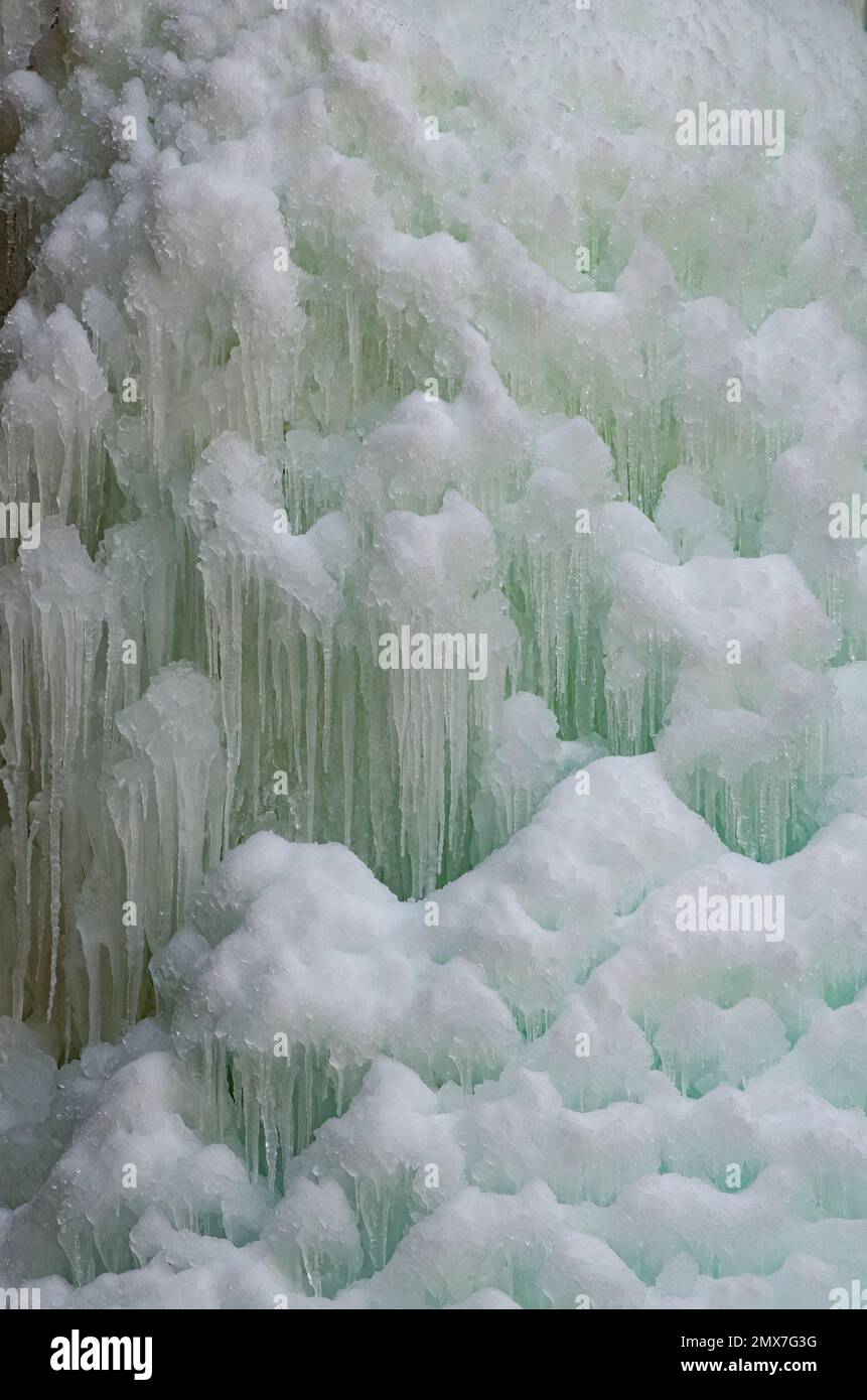 A close up of a section of an icefall shoe=ws the inherent color in the ...