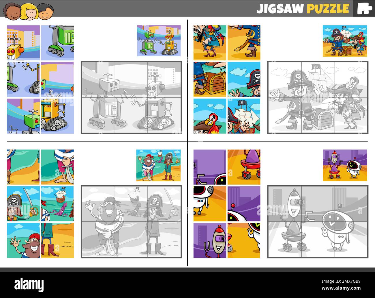 Cartoon illustration of educational jigsaw puzzle games set with ...