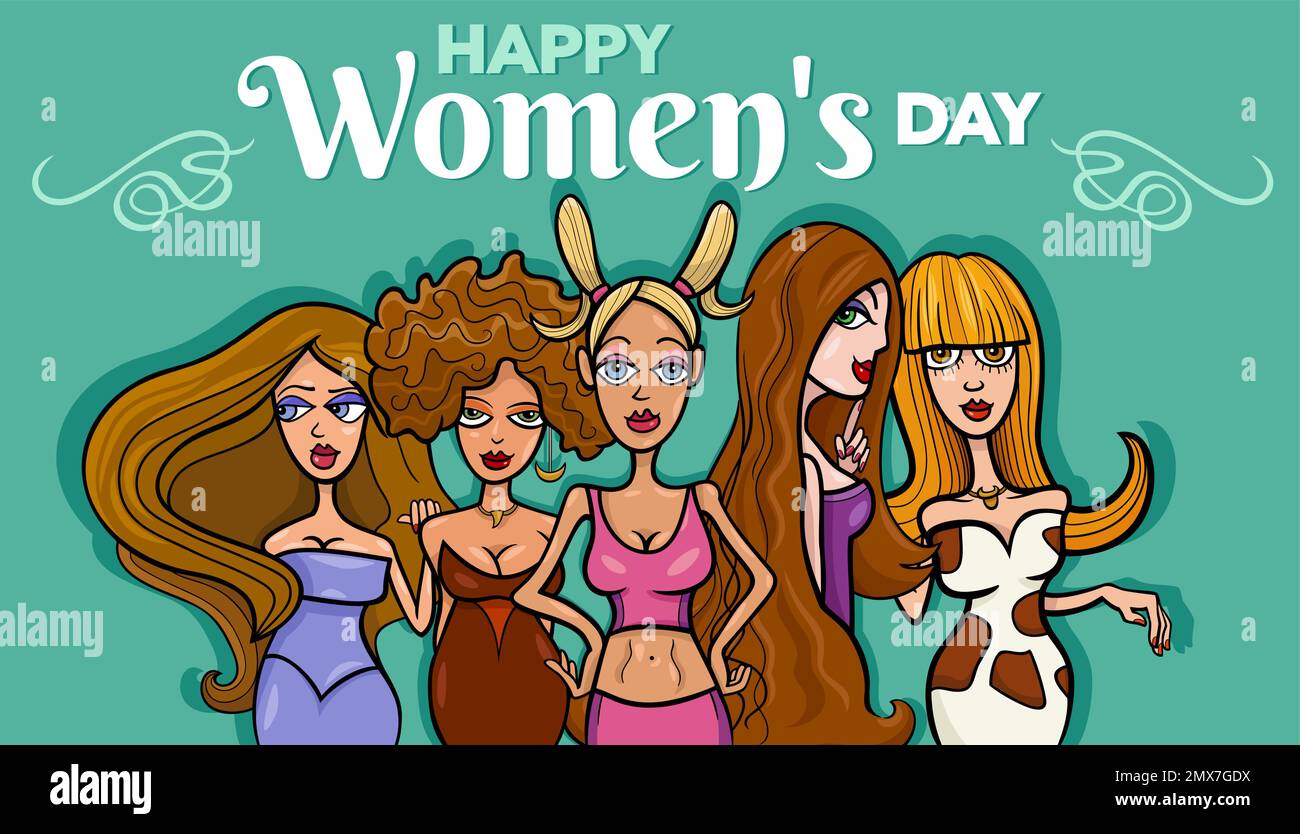 Women's Day greeting card design with comic women characters group ...