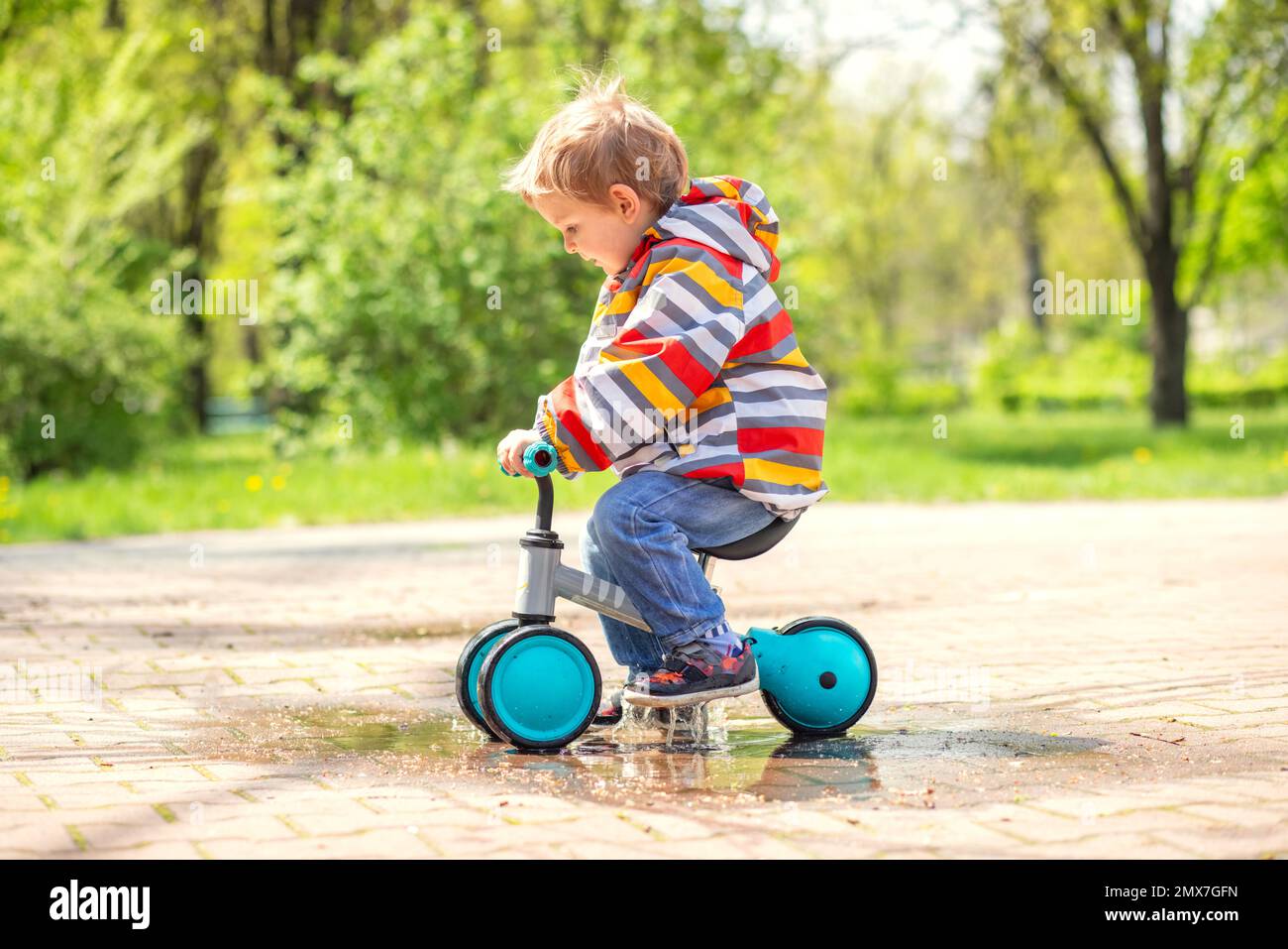 Active blond boy riding balance bike or run bike outdoor park Stock ...