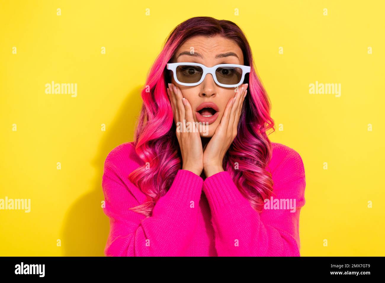 Photo of impressed terrified person hands touch cheeks open mouth ...