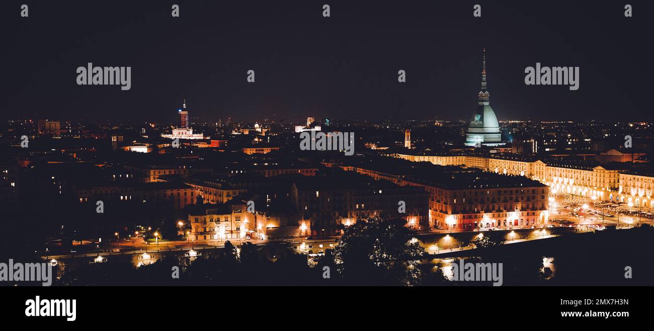 Torino, Italy, panoramic night view of Piazza Vittorio Veneto with Mole ...