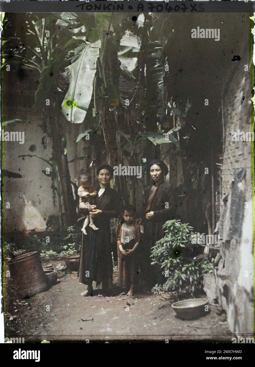 Tonkin, Indochina Two women and children in a corner of court planted ...