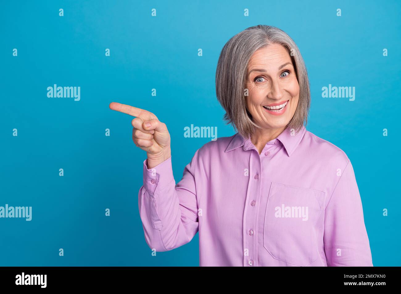 Photo of excited funny business lady promoter white bob hair pointing ...