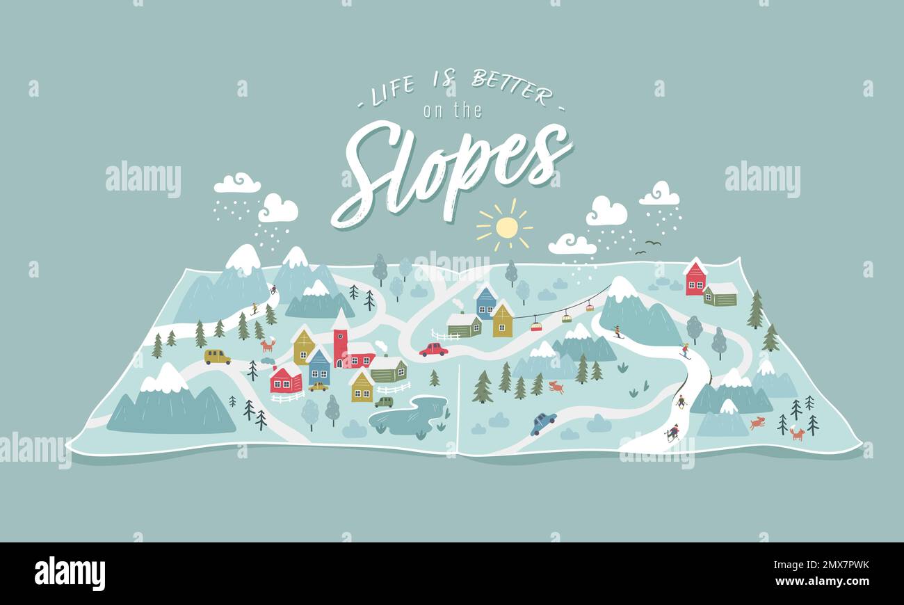 Cute hand drawn map with snow, mountains, cute villages, slopes. 3d ...
