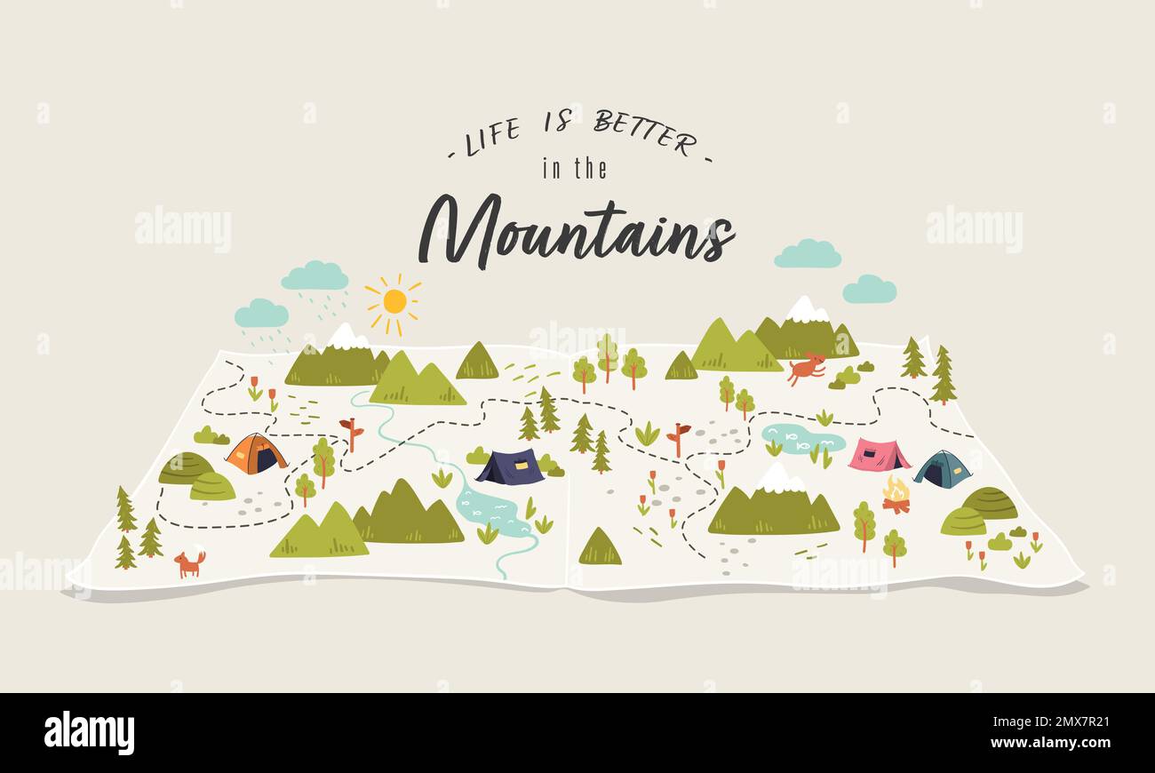 Cute hand drawn map with mountains, tents, trees, hills. 3d illustrated ...