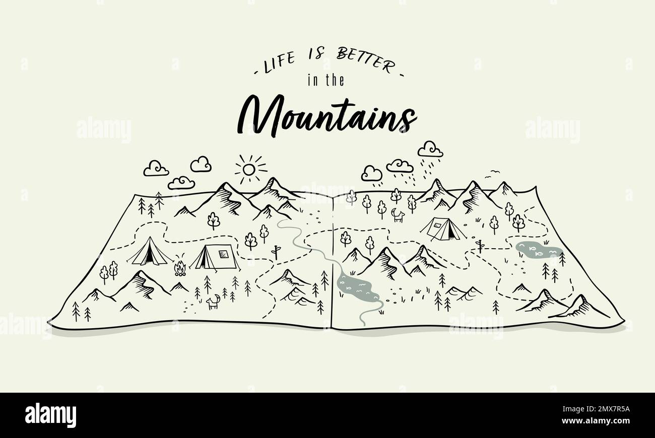 Cute hand drawn map with mountains, tents, trees, hills. 3d illustrated ...